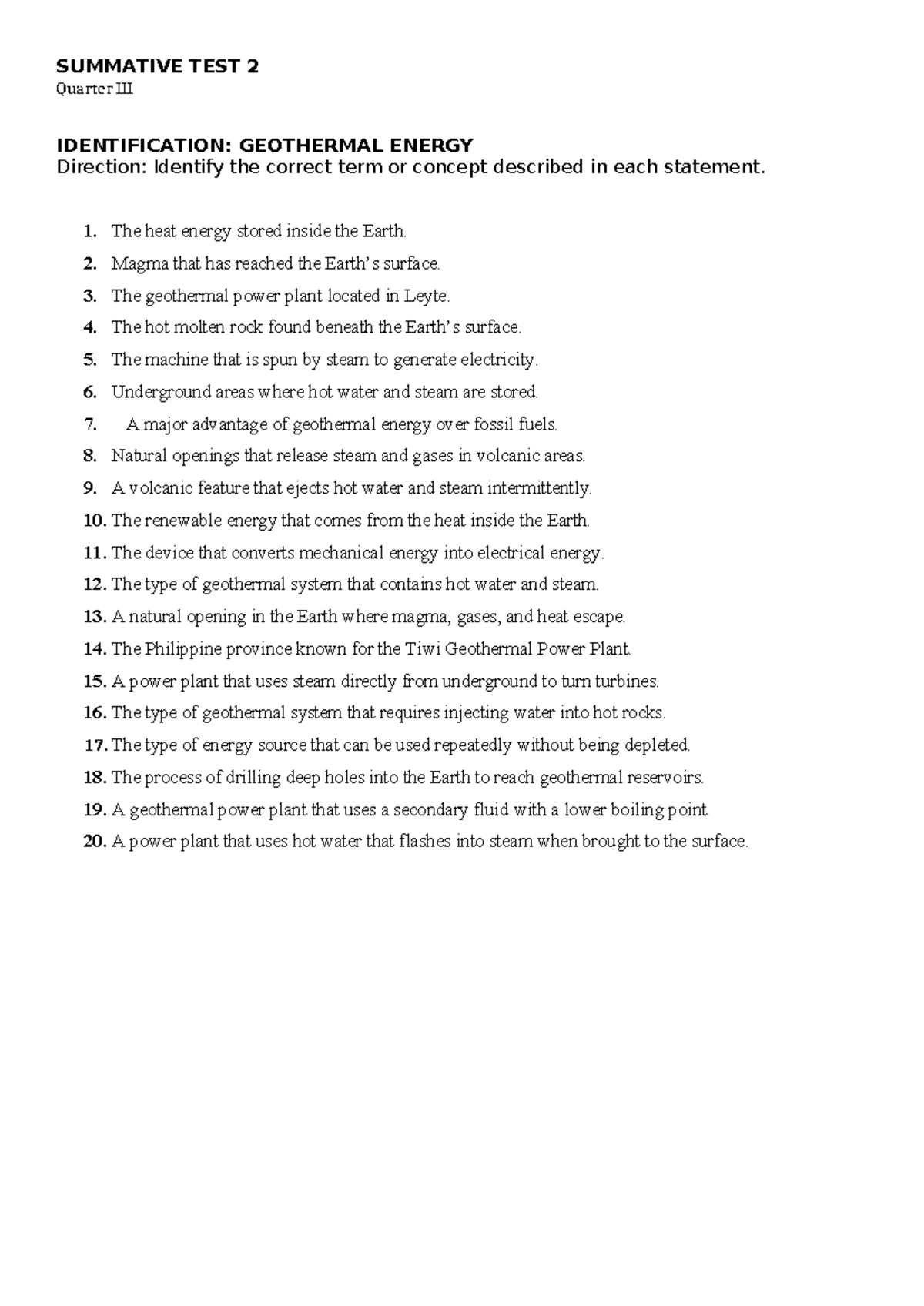 GEOTHERMAL ENERGY IDENTIFICATION TEST - SUMMATIVE TEST 2 - Studocu
