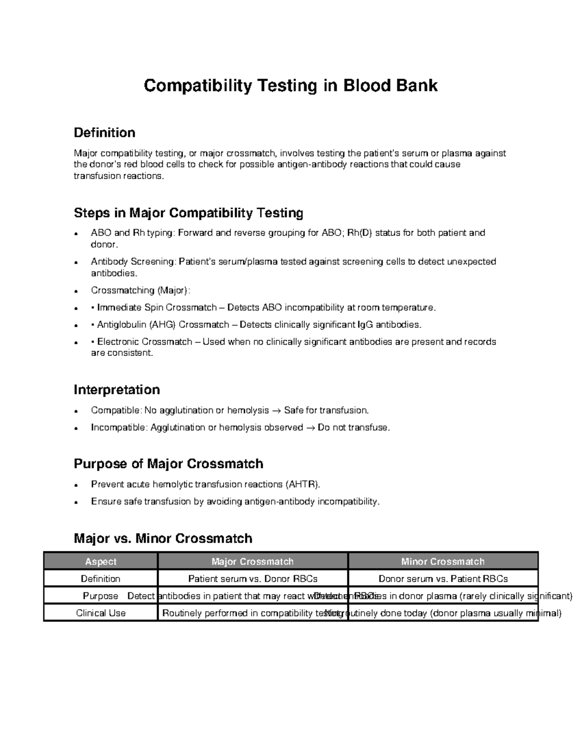 Blood Bank Compatibility Testing: Major Crossmatch Overview - Studocu