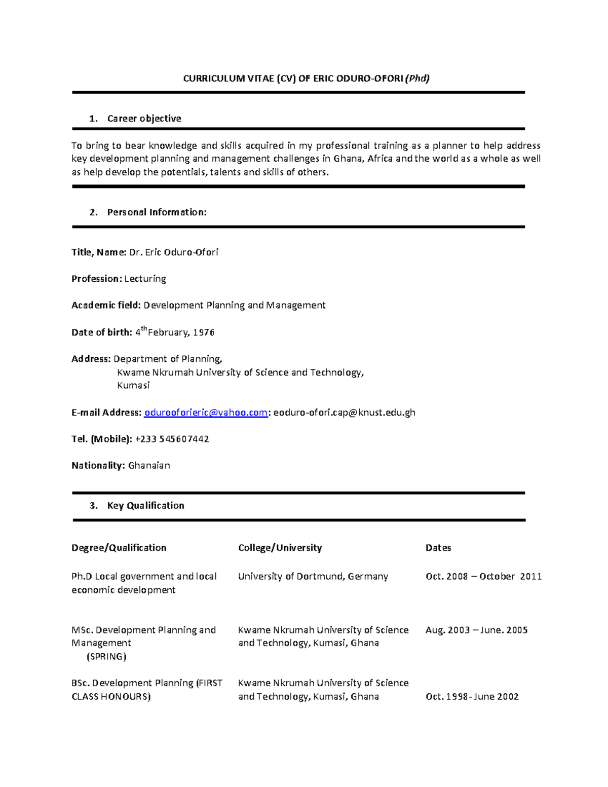 CURRICULUM VITAE OF DR. ERIC (PhD) - DEVELOPMENT PLANNING EXPERT - Studocu