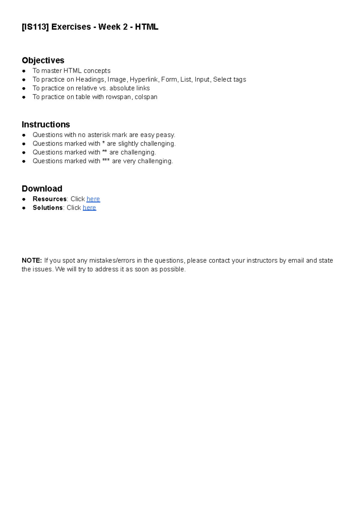 [IS113] Week 2 HTML Exercises: Mastering Tags & Links - Studocu