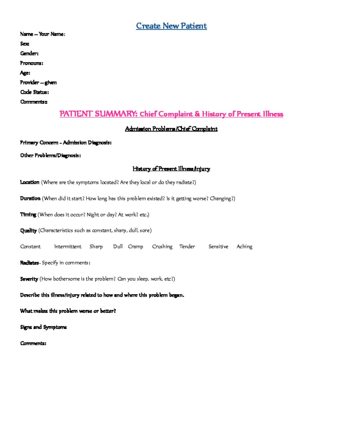 EHR Tutor Template: Patient Assessment & Summary Form - Studocu