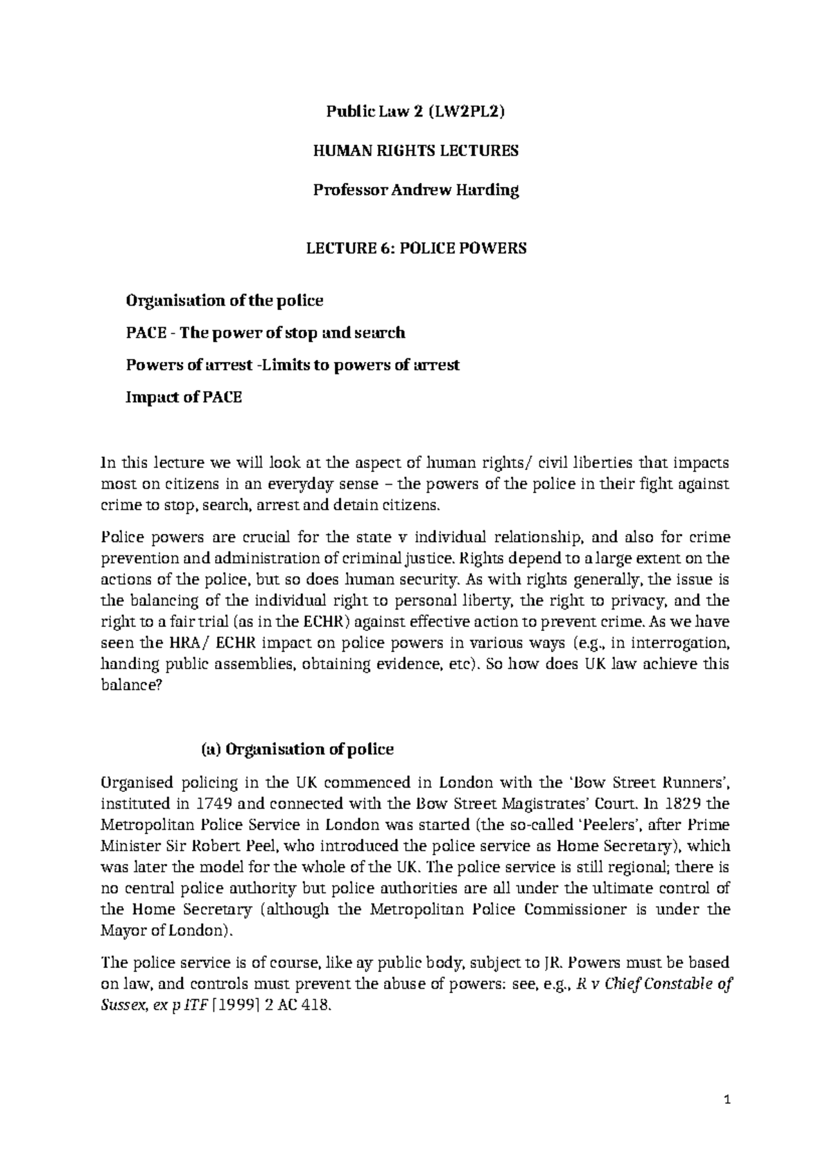 LW2PL2 Human Rights Lecture 6: Understanding Police Powers and PACE ...