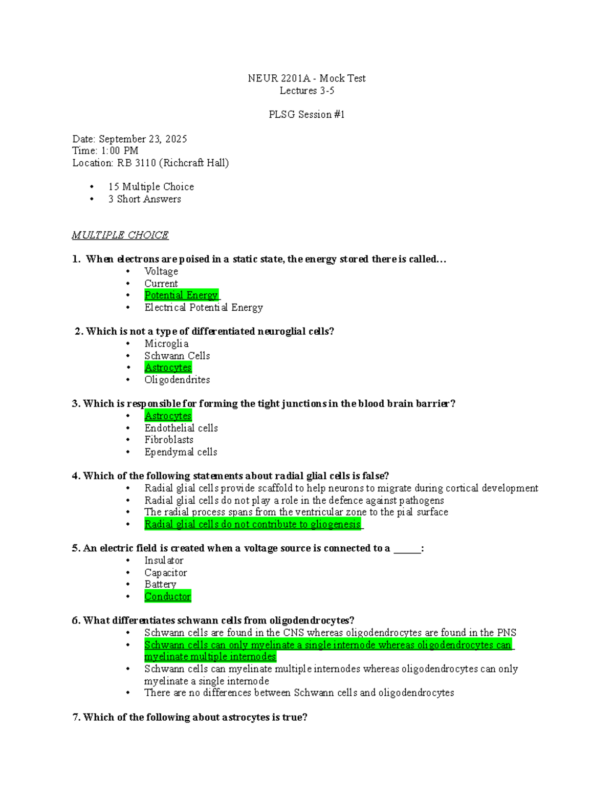 NEUR 2201A Mock Test #1 Answers - Practice Midterm 1 - Studocu