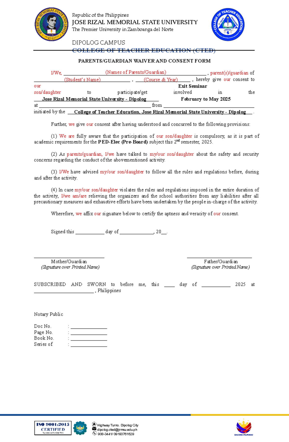Waiver and Consent Form for Exit Seminar (PED-Elec) 2nd Sem 2025 - Studocu