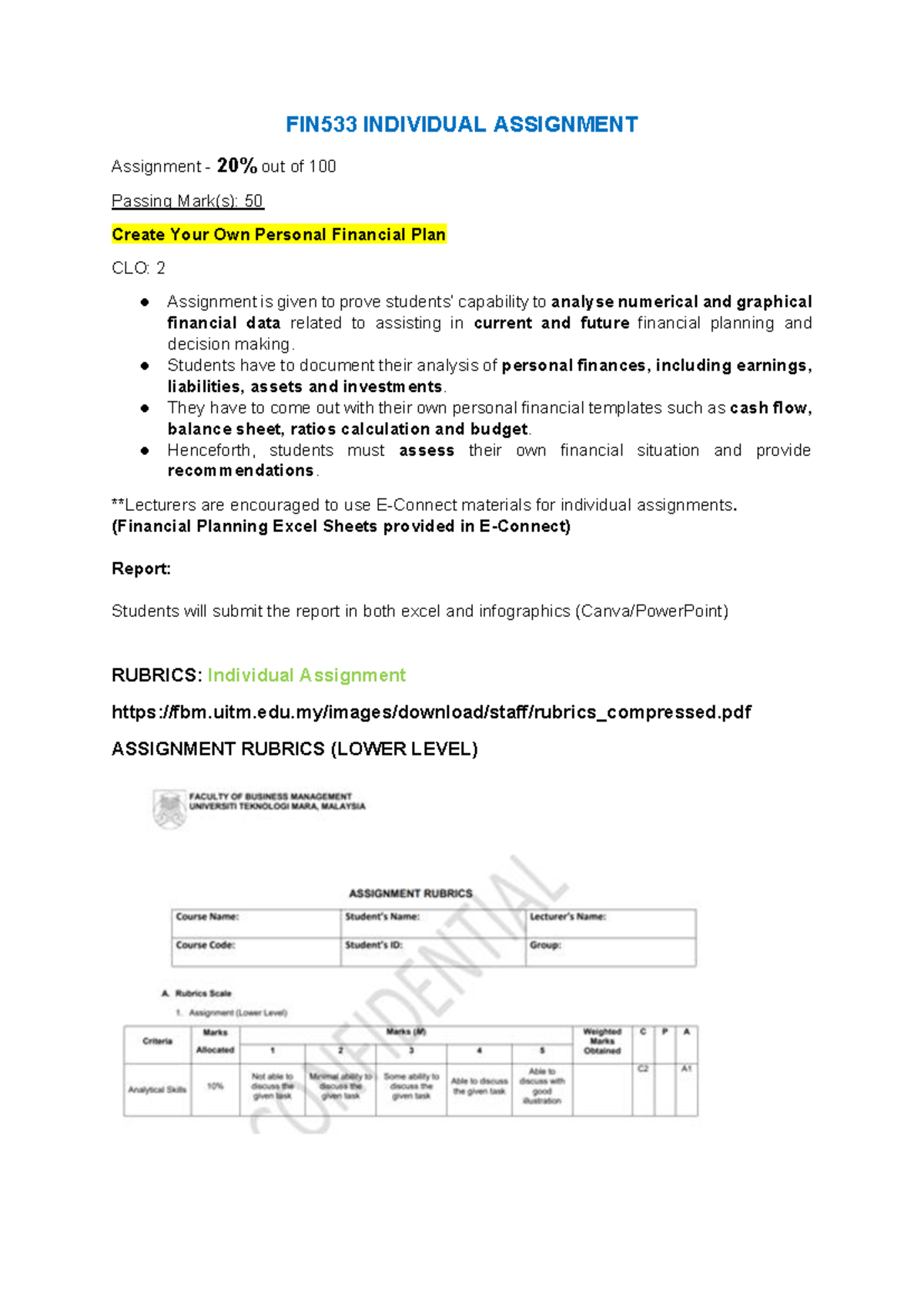 FIN533 Individual Assignment: Personal Financial Plan Guidelines - Studocu