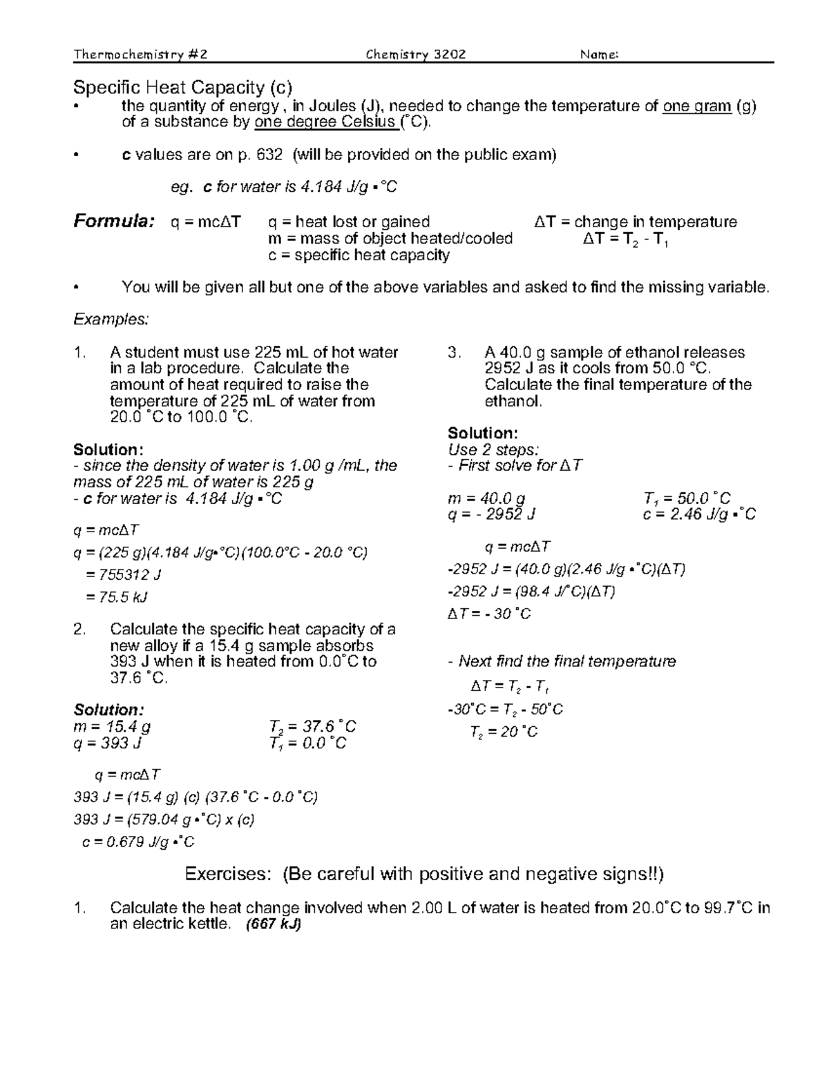 Thermo 2 - table - Thermochemistry #2 Chemistry 3202 Name: Specific ...
