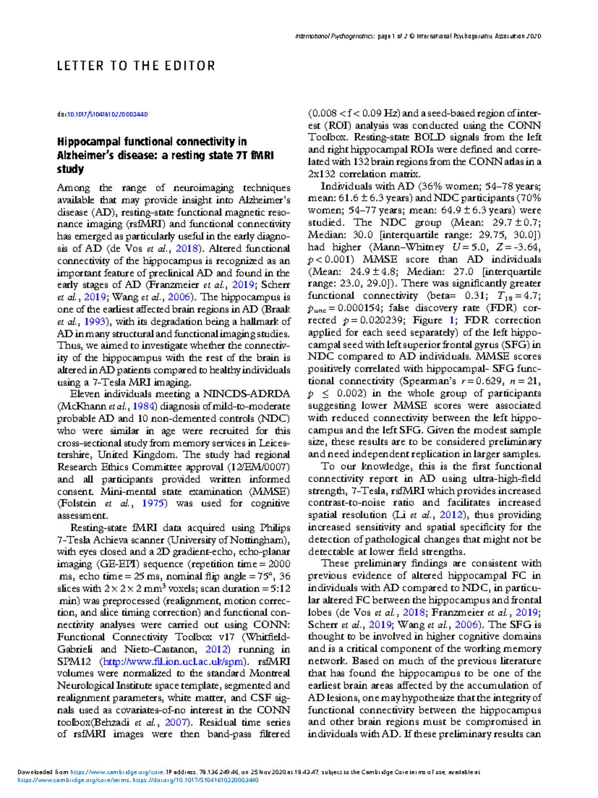 Hippocampal Functional Connectivity in Alzheimer's Disease: A 7T fMRI ...