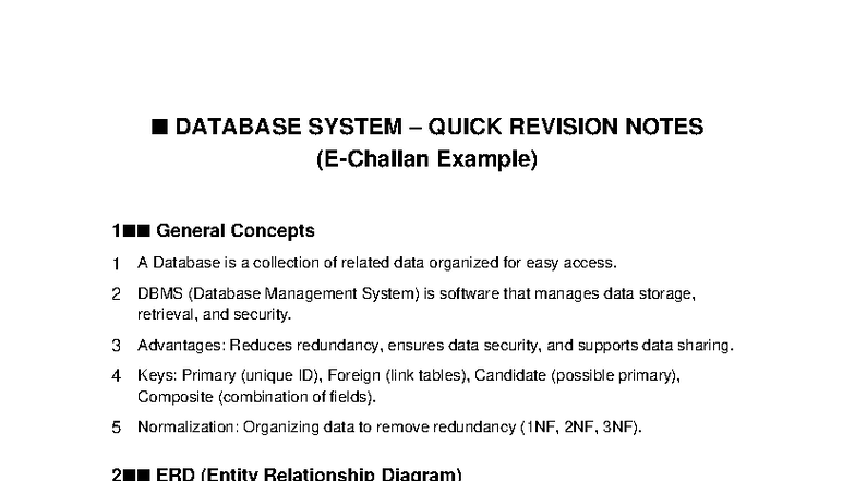 DATABASE SYSTEM EChallan QUICK REVISION NOTES - Studocu