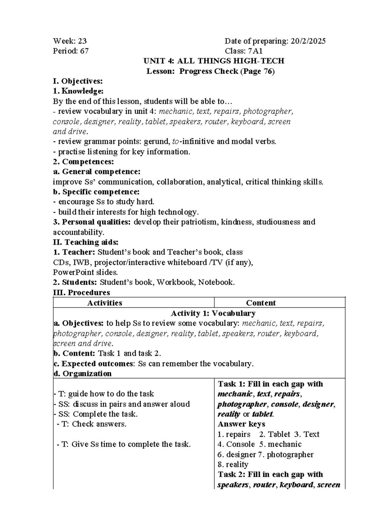 Week 23: 7A1 UNIT 4 & 5 Lesson Plans - Progress Checks & Vocabulary ...