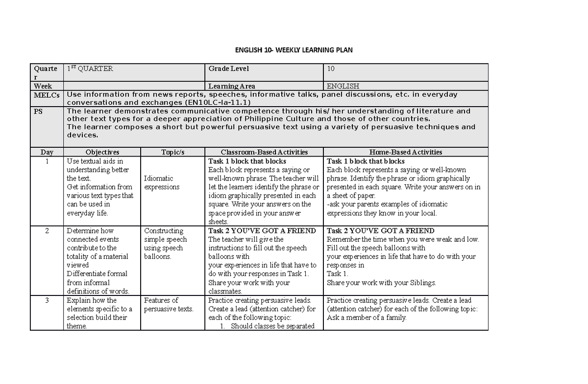 WLP Q1-ENG: Weekly Learning Plan for Grade 10 English Instruction - Studocu