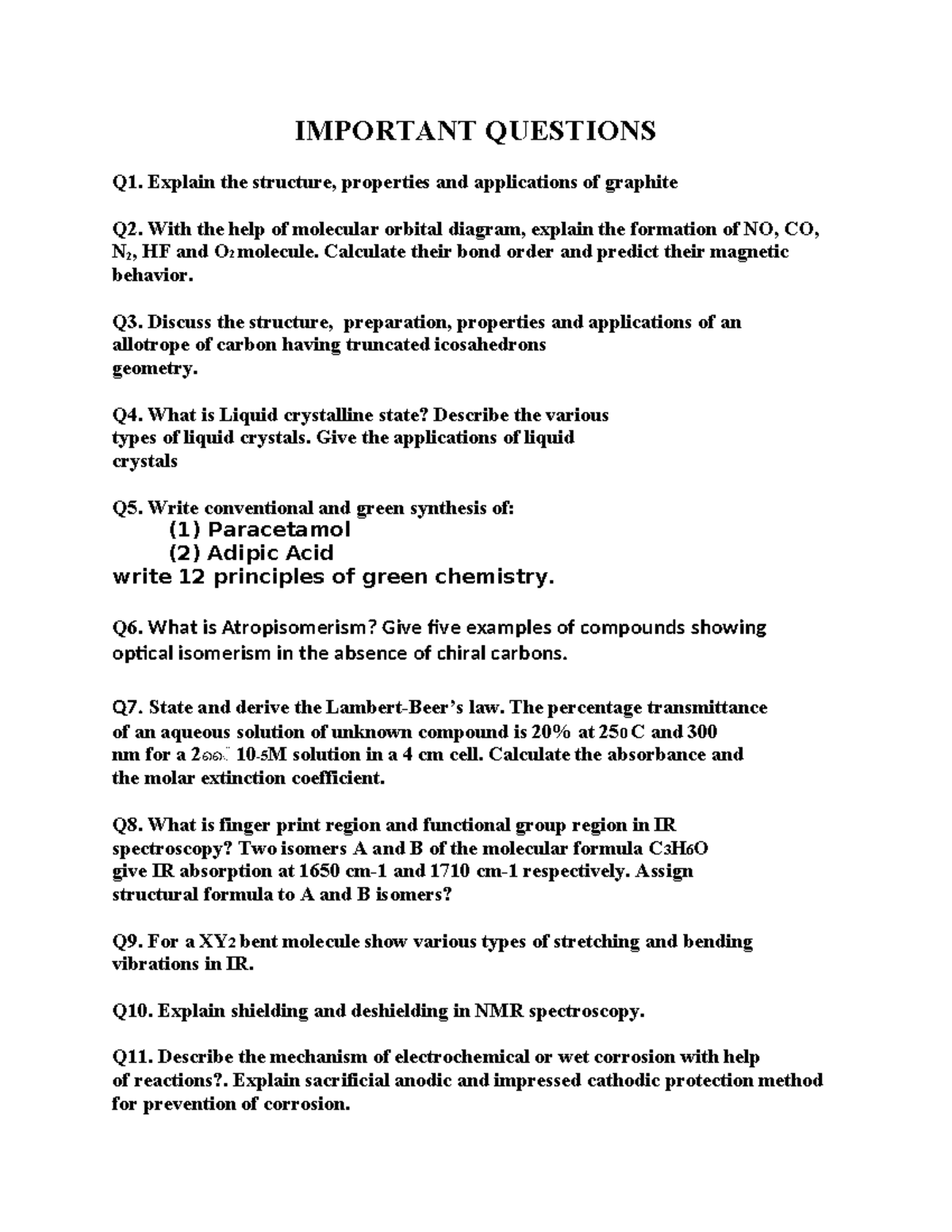 Important Questions for BAS205: Structure, Properties, and Applications ...
