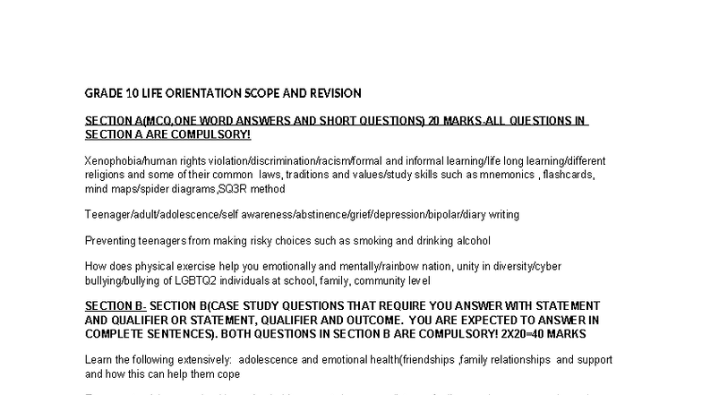 G10 Life Orientation Nov Exam Scope & Revision (MCQ, Case Study, Essay) - Studocu