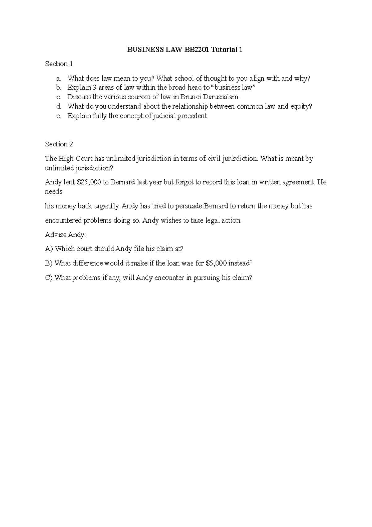 Business Law BB2201 Tutorial 1: Concepts and Case Discussion - Studocu
