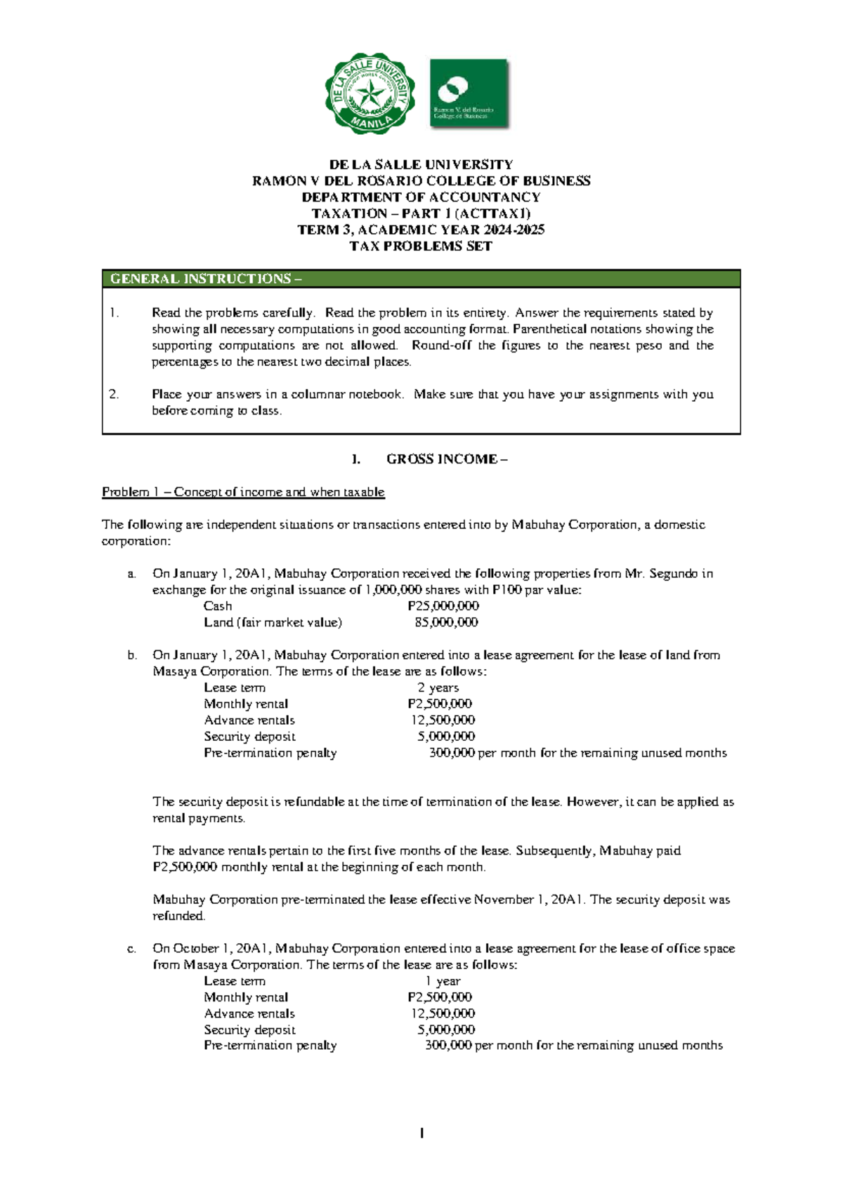 Taxation Problem Set 1 (ACTTAX1) - Term 3, AY 20A1 - Studocu