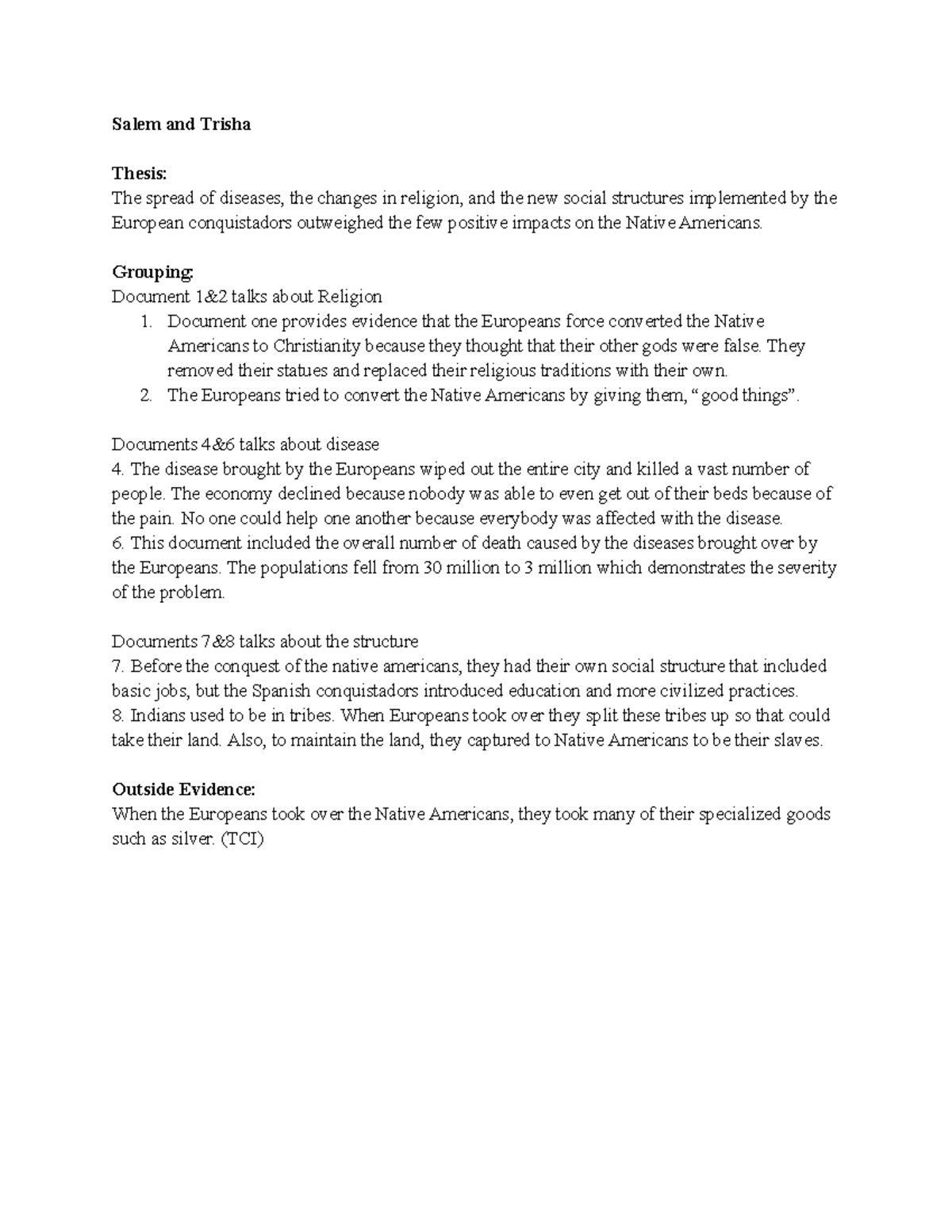 Outline World History - Salem and Trisha Thesis: The spread of diseases ...