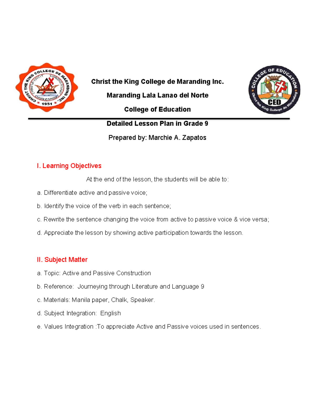 Detailed Lesson Plan on Active and Passive Voice for Grade 9 (EDU 101 ...