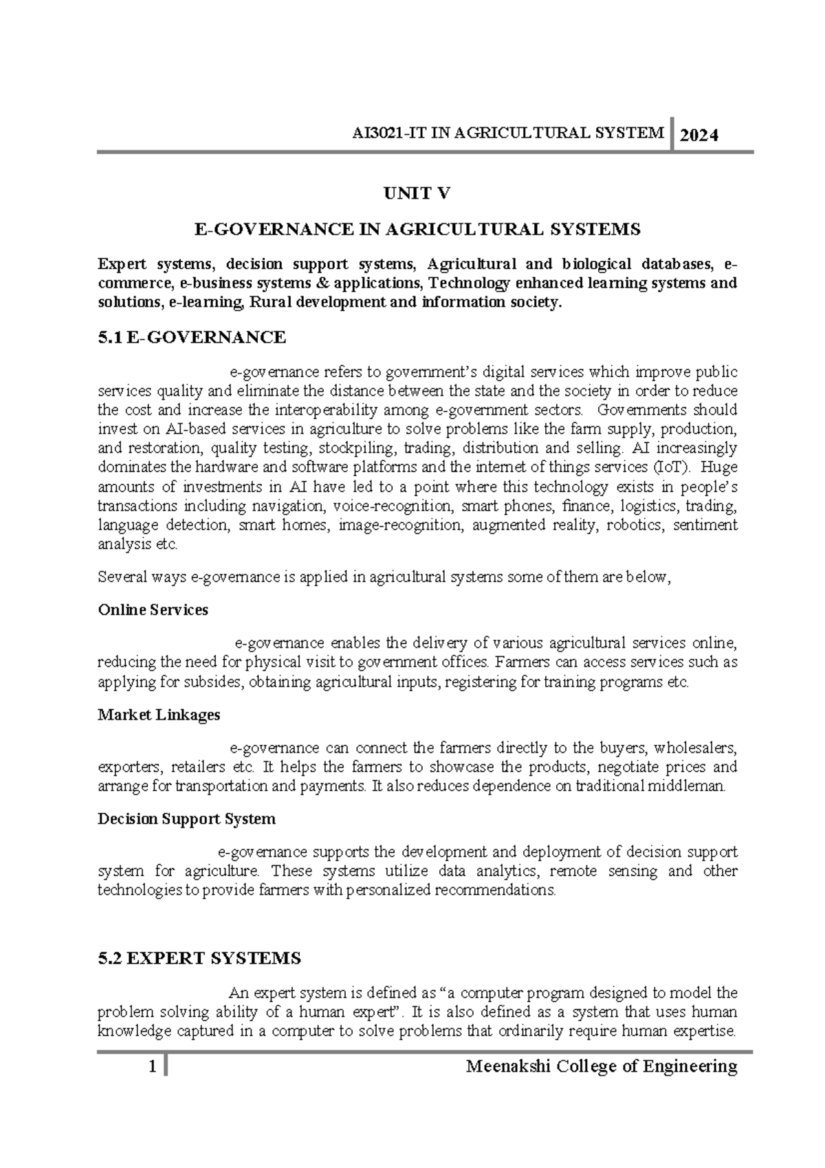E- Governance in Agriculture: Unit 5 Study Material (AGRI-202) - Studocu