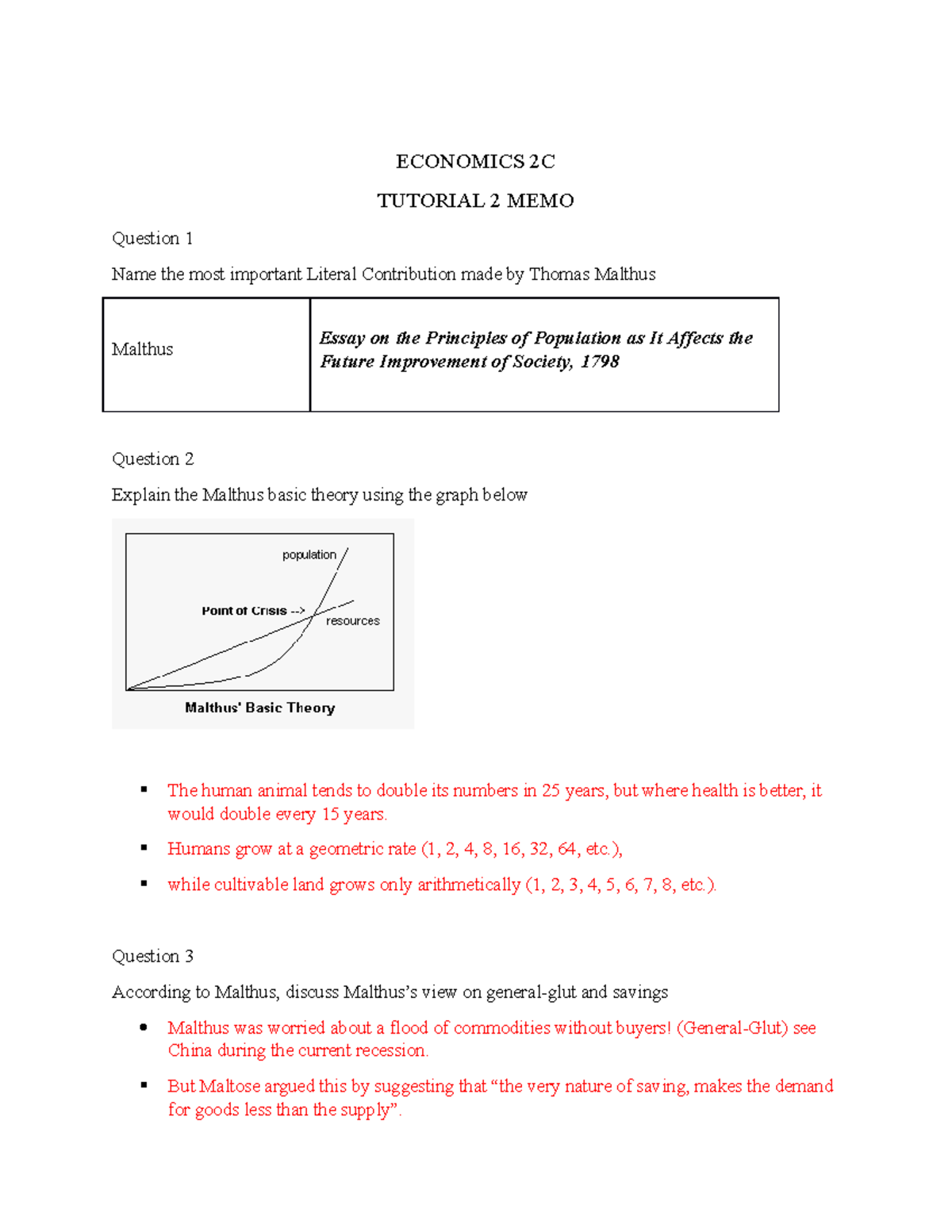 Economics 2C Tutorial 2 Memo: Malthus' Contributions & Theories - Studocu