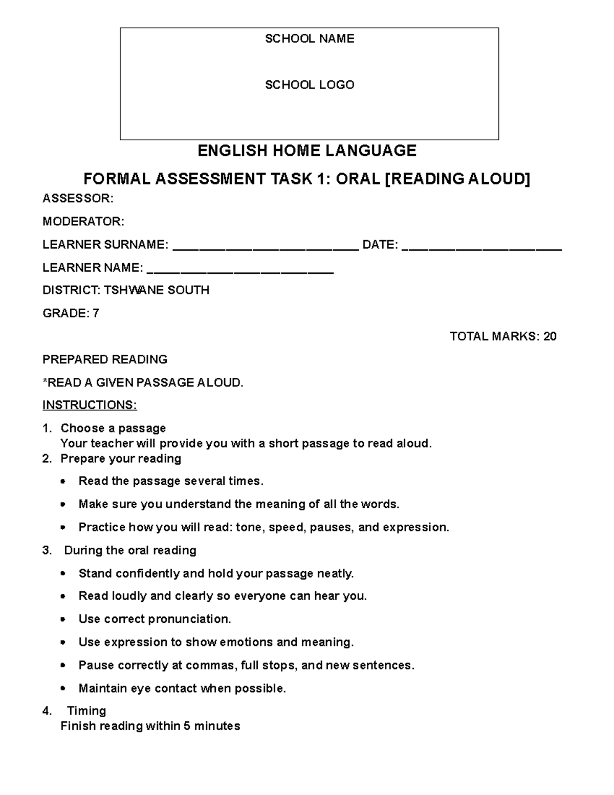 Grade 7 English HL Formal Assessment Task 1: Oral Reading Skills - Studocu