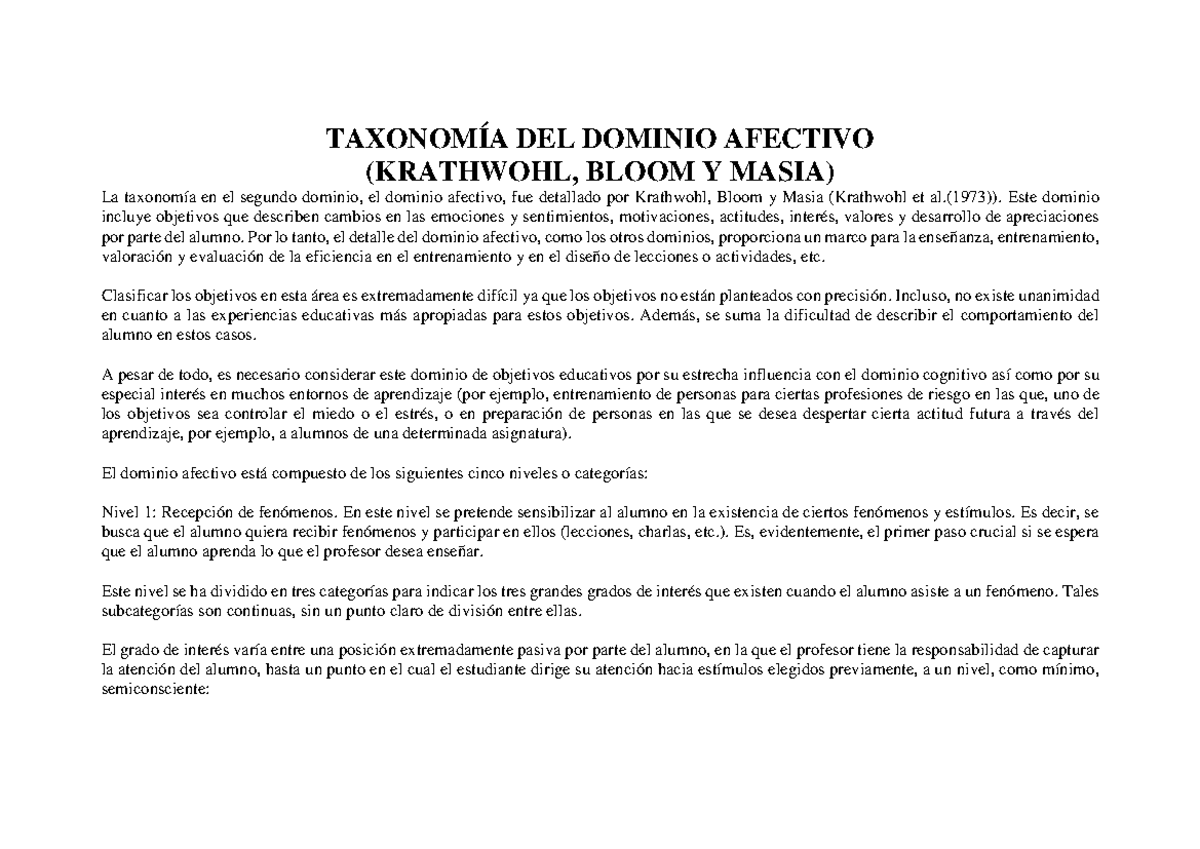 Taxonomía del Dominio Afectivo según Krathwohl, Bloom y Masia - Studocu