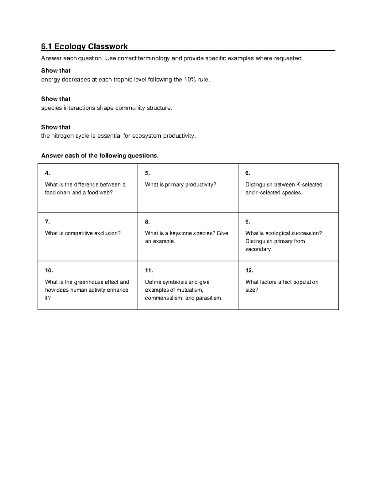 Ecology 6.1 Classwork: Energy Flow, Species Interactions & Cycles - Studocu