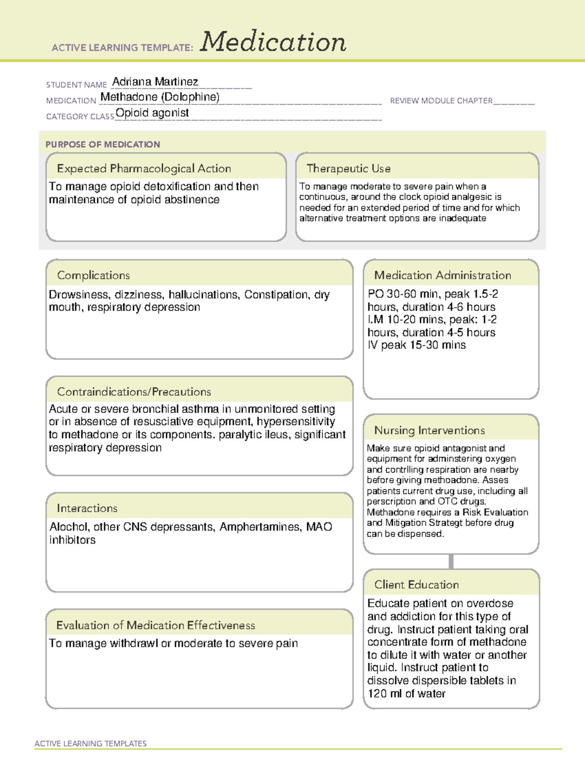 Methadone (Dolophine) Medication Card - Active Learning Template - Studocu