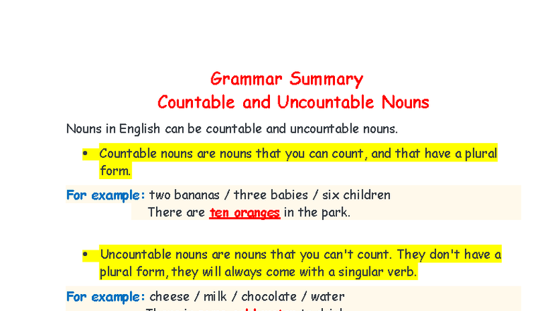 Grammar Summary: Countable & Uncountable Nouns (Course Code: 133972 ...