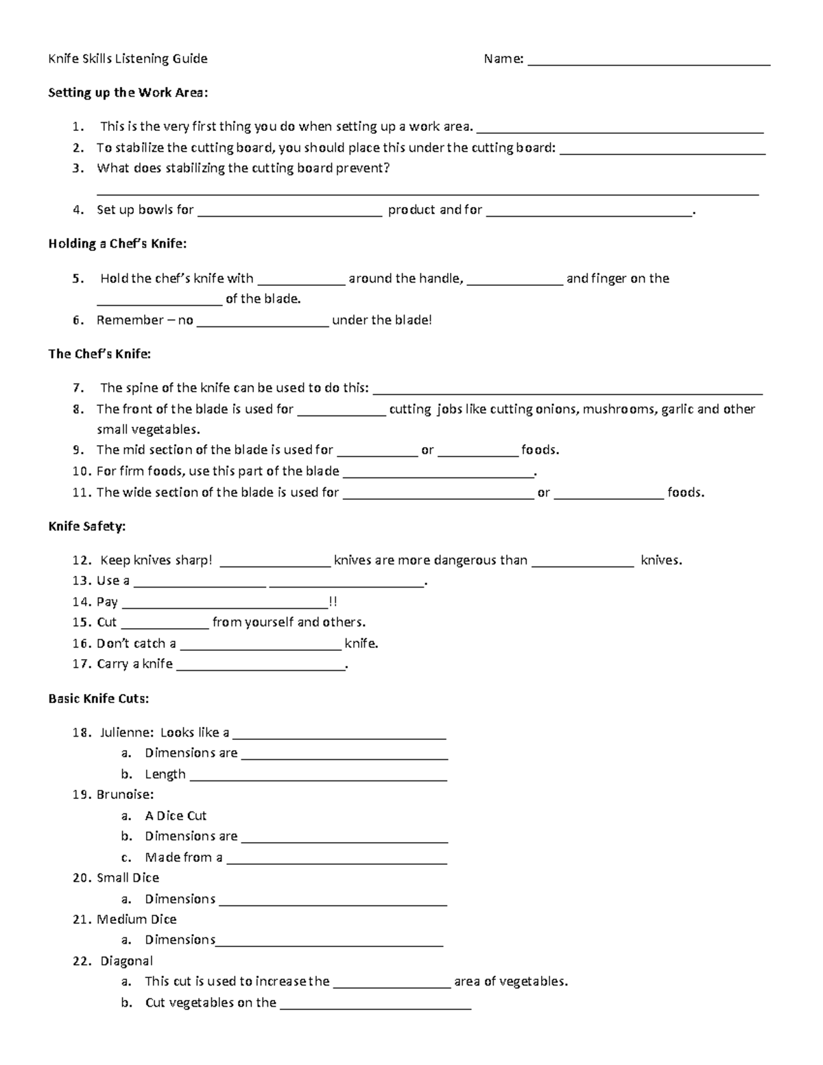 Knife Skills Worksheet for Culinary Students: Essential Techniques ...