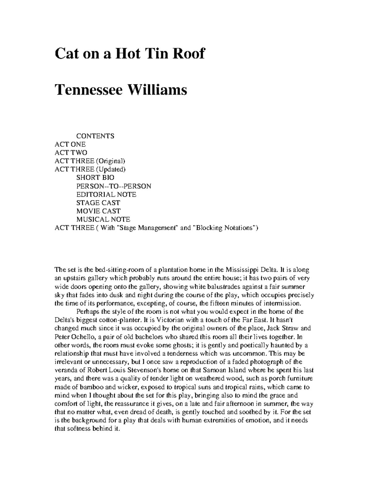 Cat on a Hot Tin Roof - A Detailed Play Analysis and Study Guide - Studocu