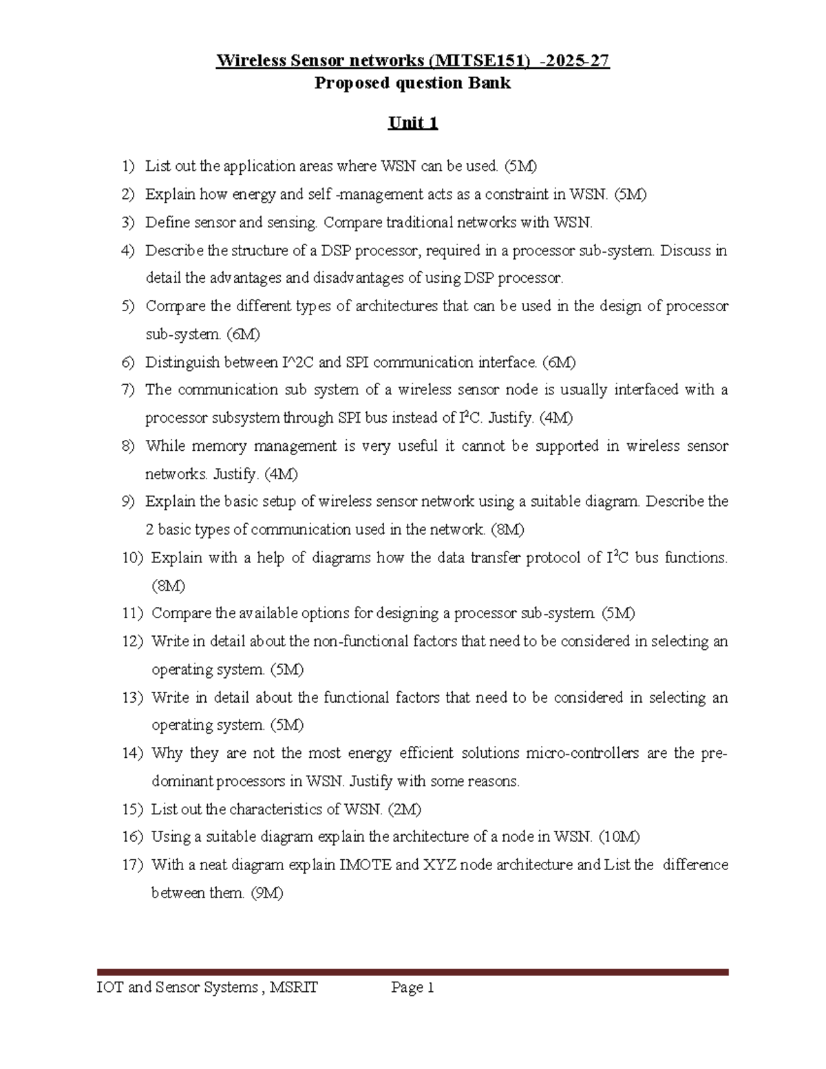 WSN QB 2025 (MITSE151) - Unit 1 Question Bank & Notes - Studocu