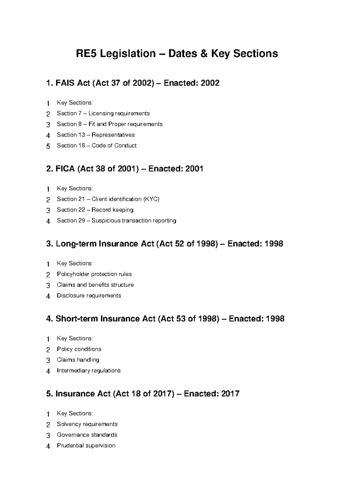 RE5 Legislation Dates & Key Sections Overview - Studocu