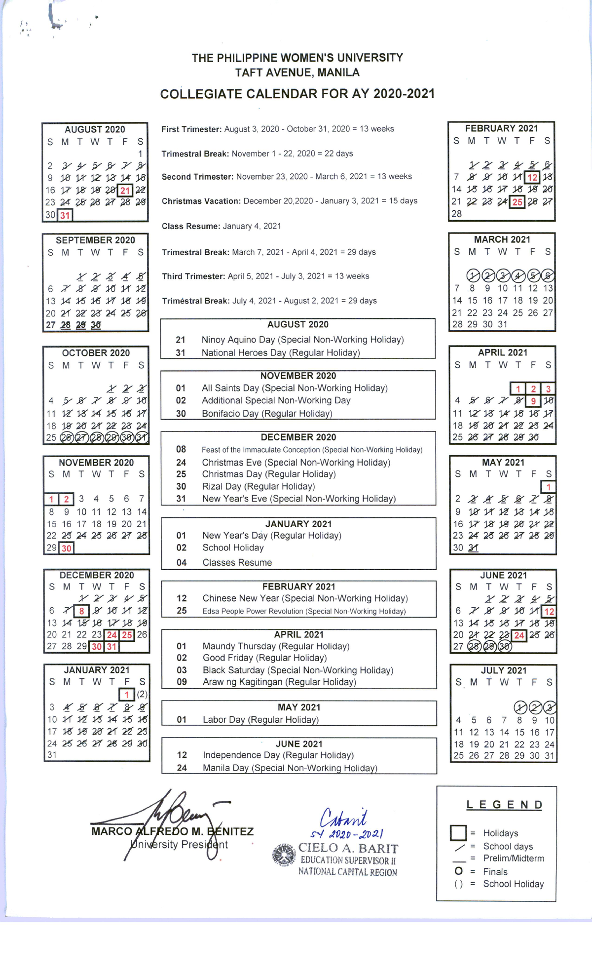 Academic Year 2021 Collegiate Calendar - PWU - Studocu