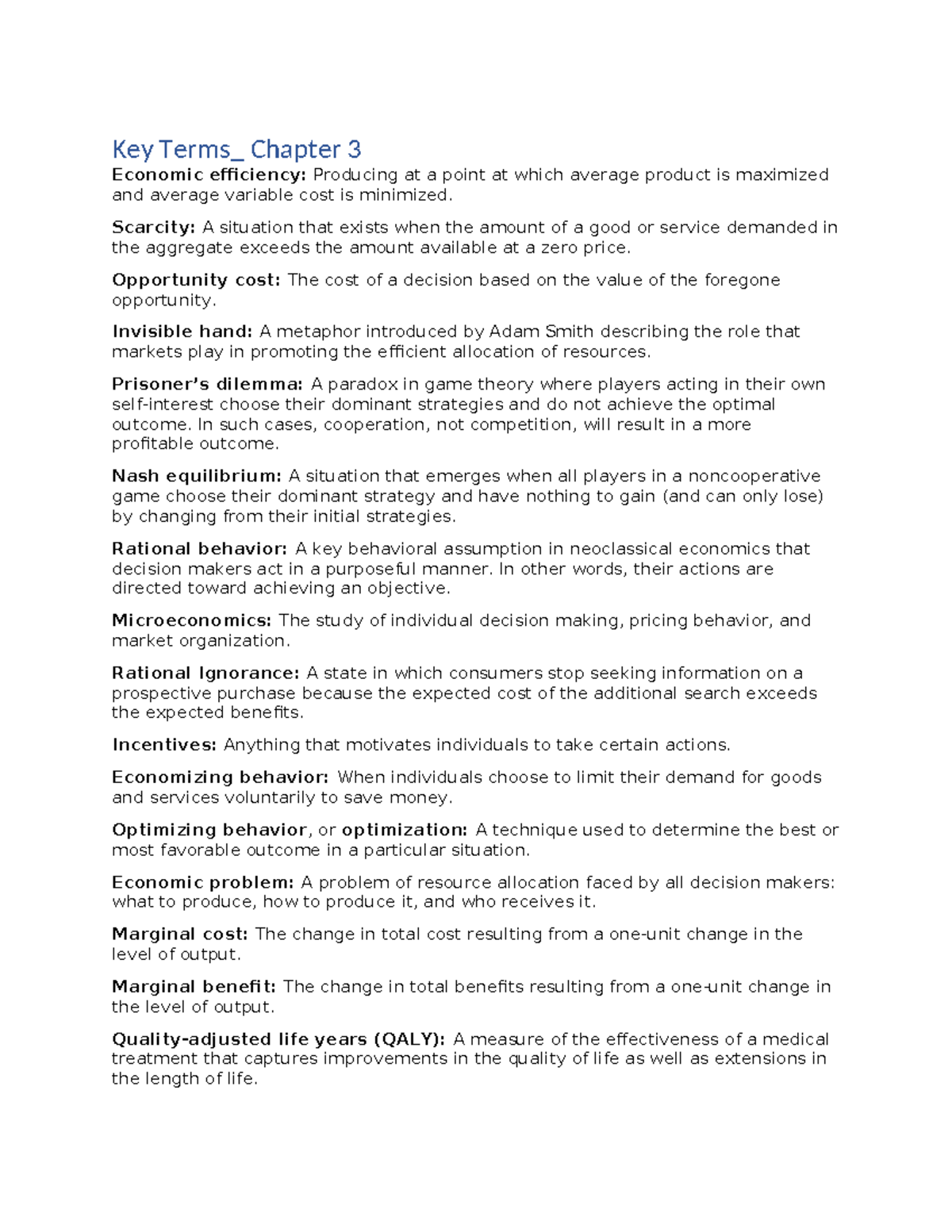 Chapter 3 Key Terms: Economic Efficiency & Game Theory Concepts - Studocu