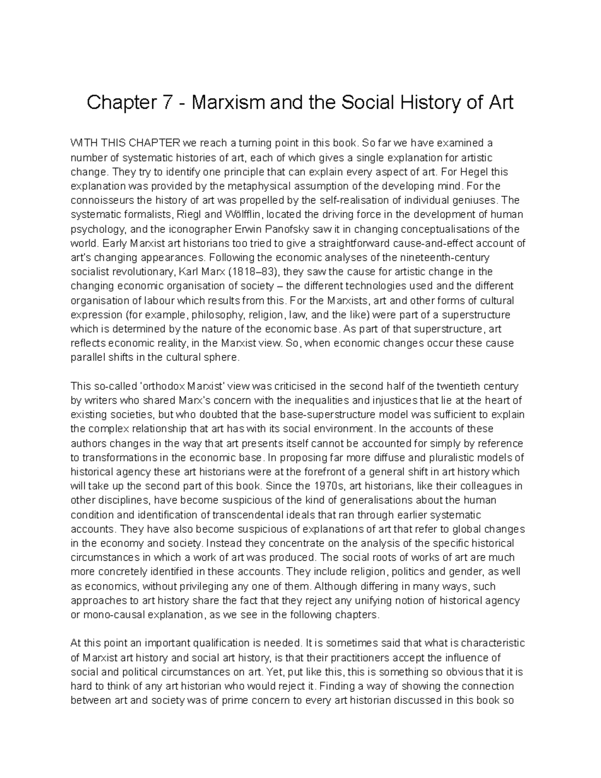 Marxism and the Social History of Art: Chapter 7 Analysis - Studocu