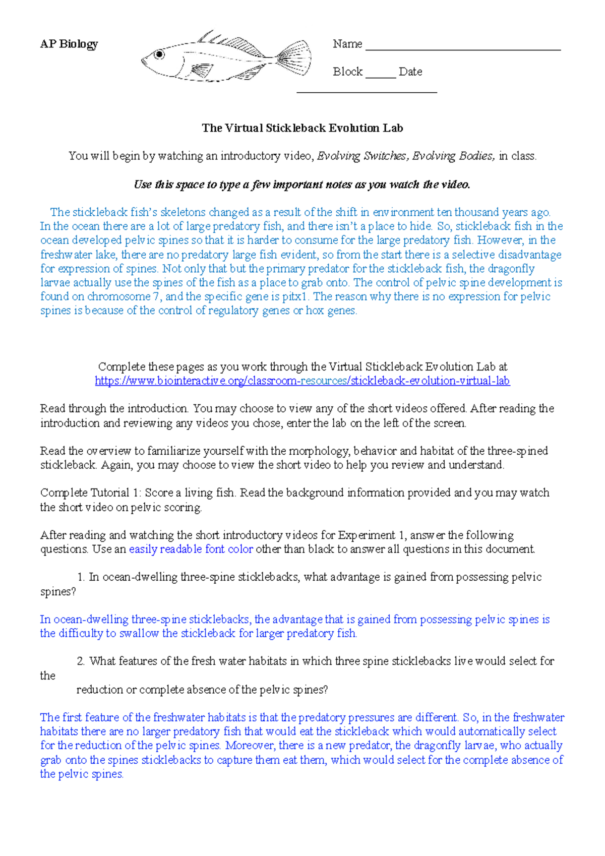 AP Biology: Virtual Stickleback Evolution Lab Notes and Data - Studocu