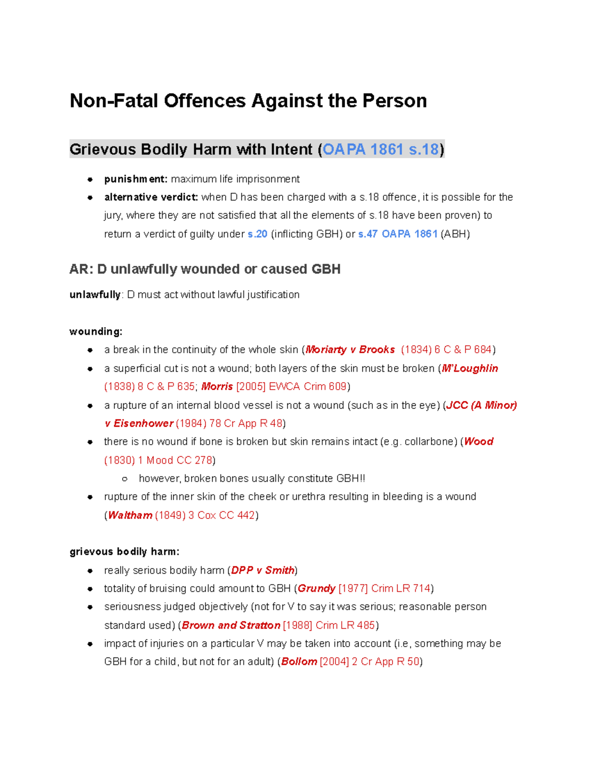 Non-Fatal Offences - Summary Notes - Non-Fatal Offences Against the ...