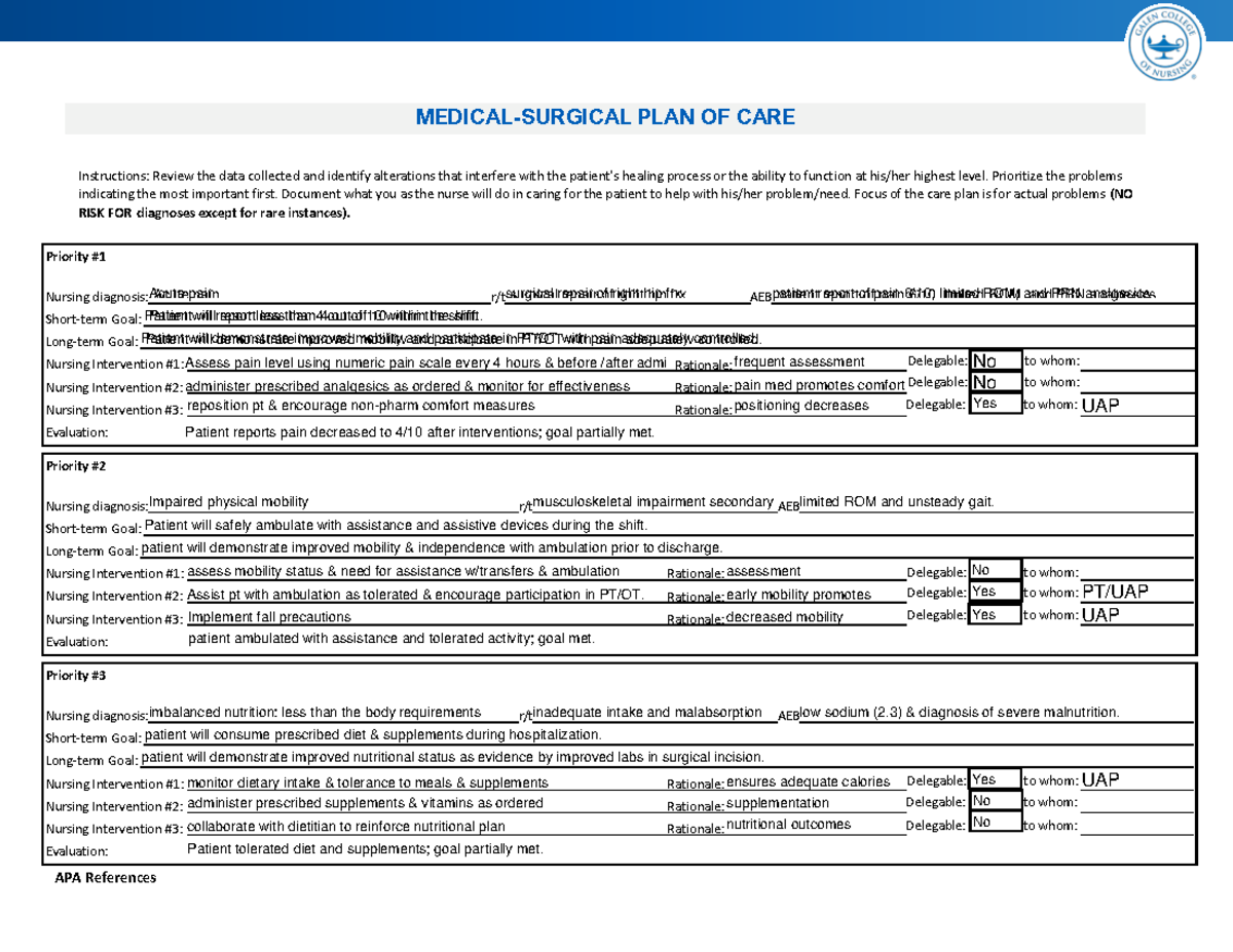 Nursing Care Plan for Acute Pain Management - Course Code: NUR 101 ...
