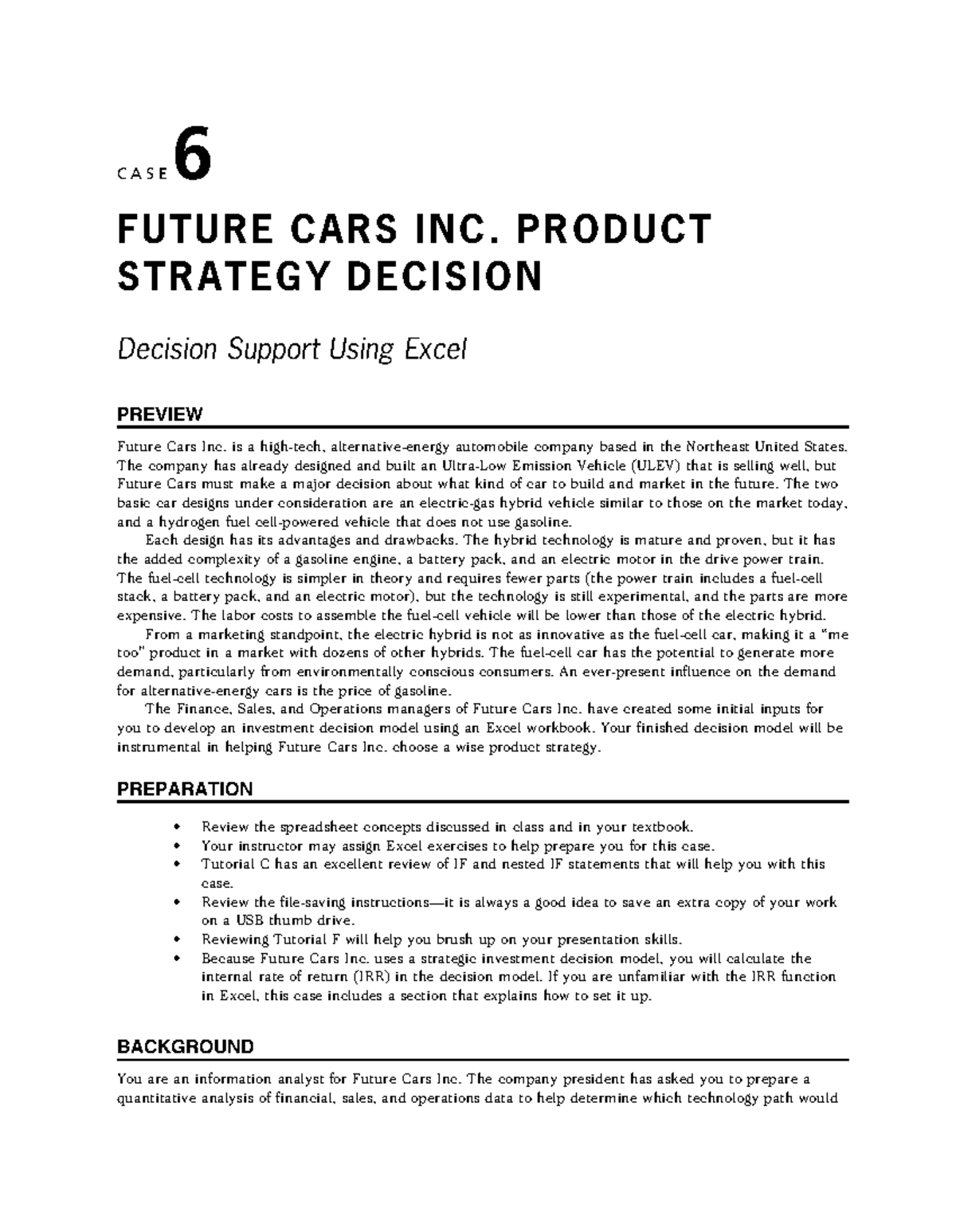 Case - Future Cars - Decision making using spreadsheet - Quản trị tài ...