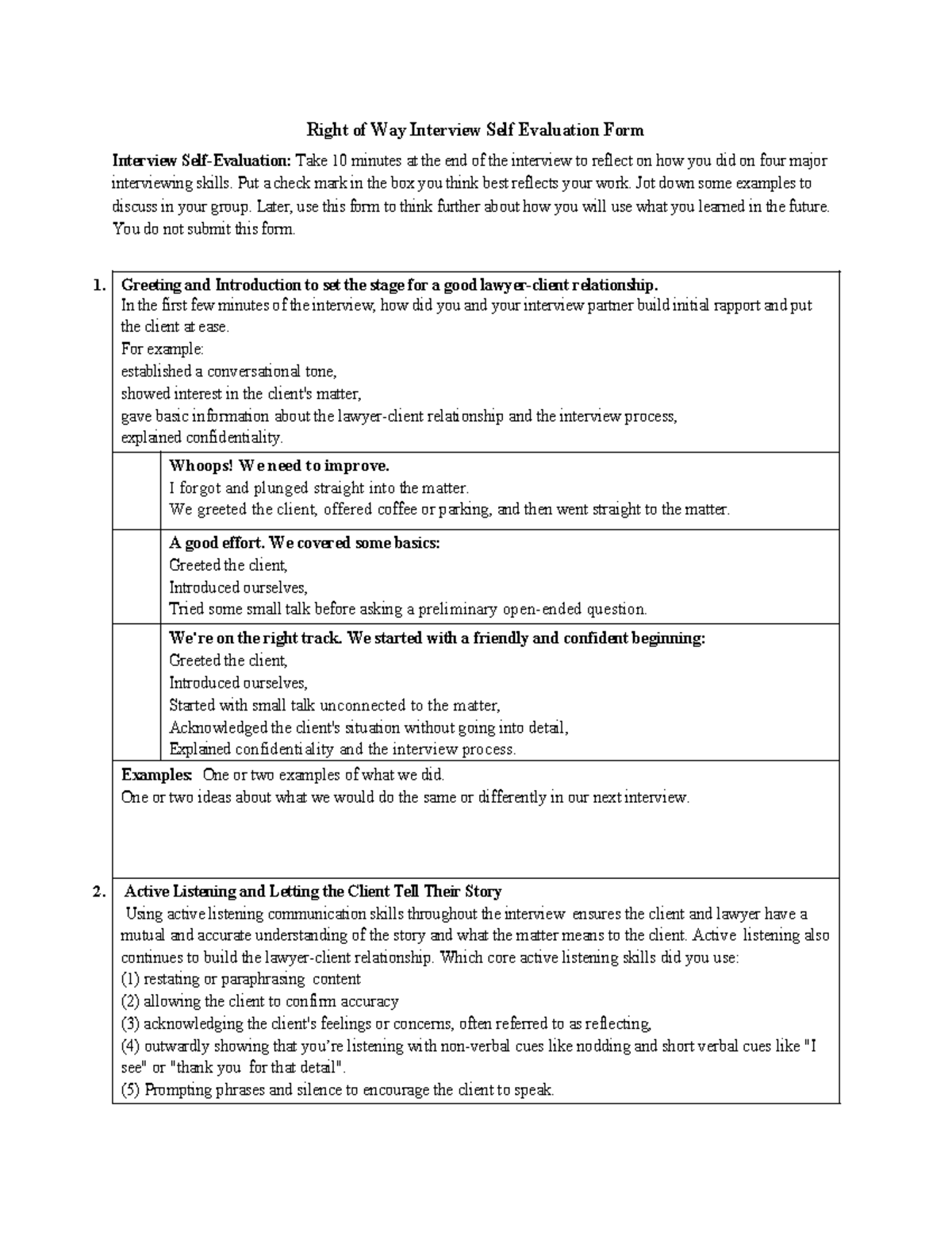 Right of Way Interview Self-Eval Form: Skills Reflection & Improvement ...