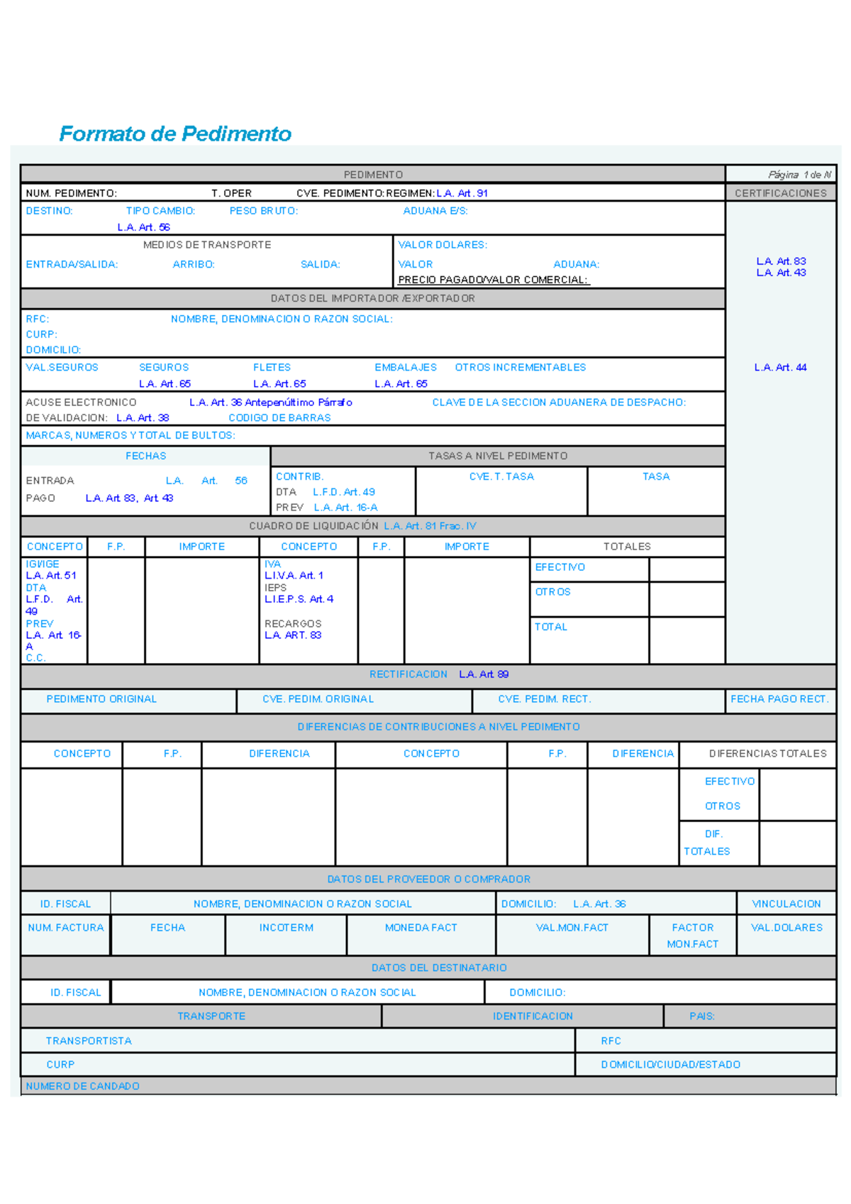 Formato-de-pedimento - Formato de Pedimento PEDIMENTO Página 1 de N NUM ...