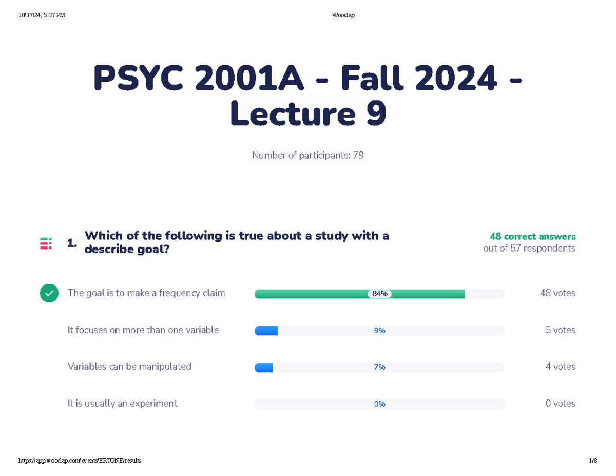 PSYC 2001A Fall 2024 Wooclap Lecture 9 & 12 Questions Summary - Studocu