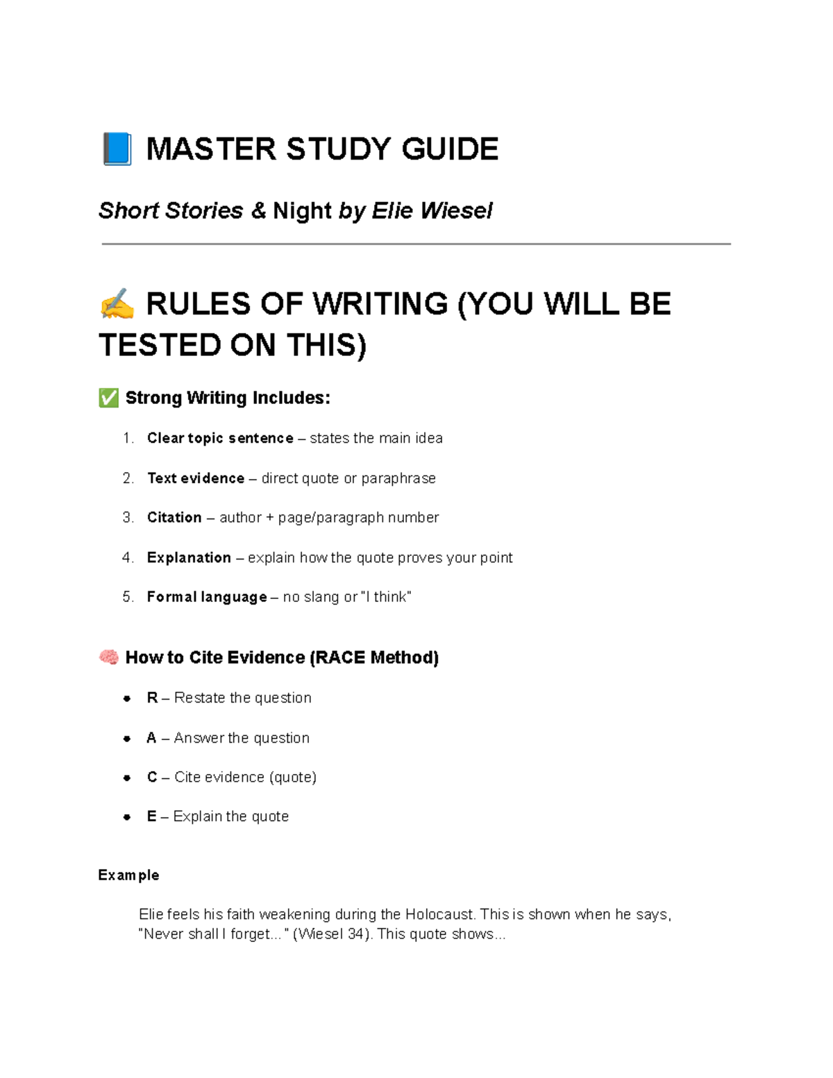 ENGLISH FINAL STUDY GUIDE: Short Stories & Elie Wiesel Analysis - Studocu