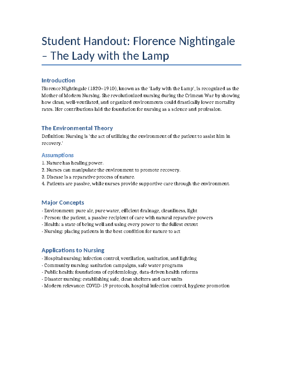 Florence Nightingale: Nursing Principles & Environmental Theory Handout ...