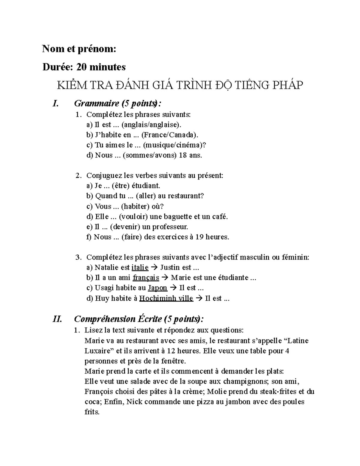 Test CE-PE A1: Évaluation de la Compétence en Français I - Studocu