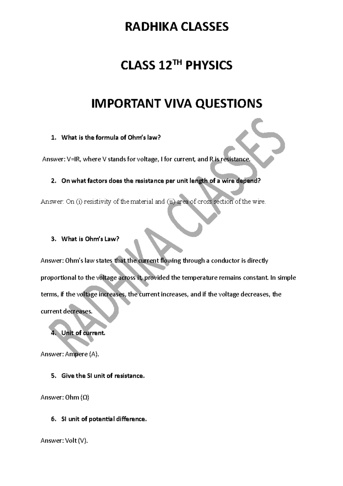 VIVA Questions for Class 12th Physics (Important) - Studocu