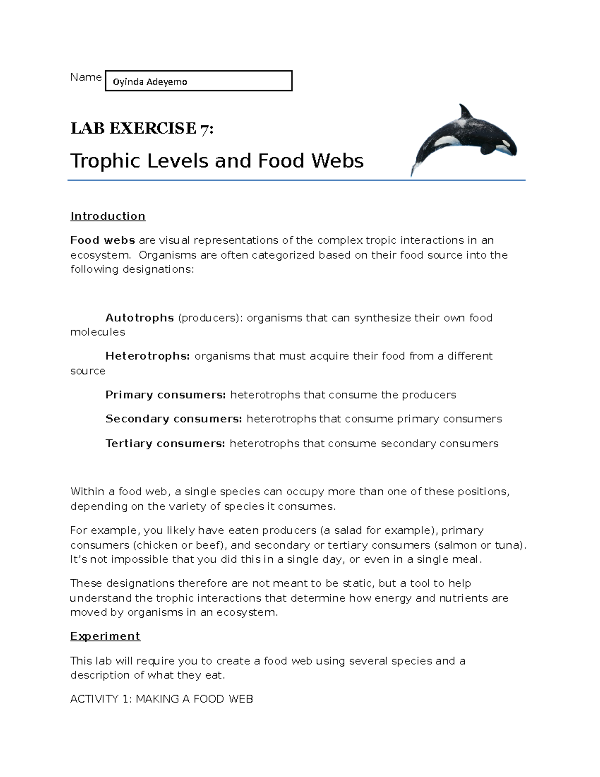 LAB 7 - Trophic Levels and Food Webs Exploration Exercise - Studocu