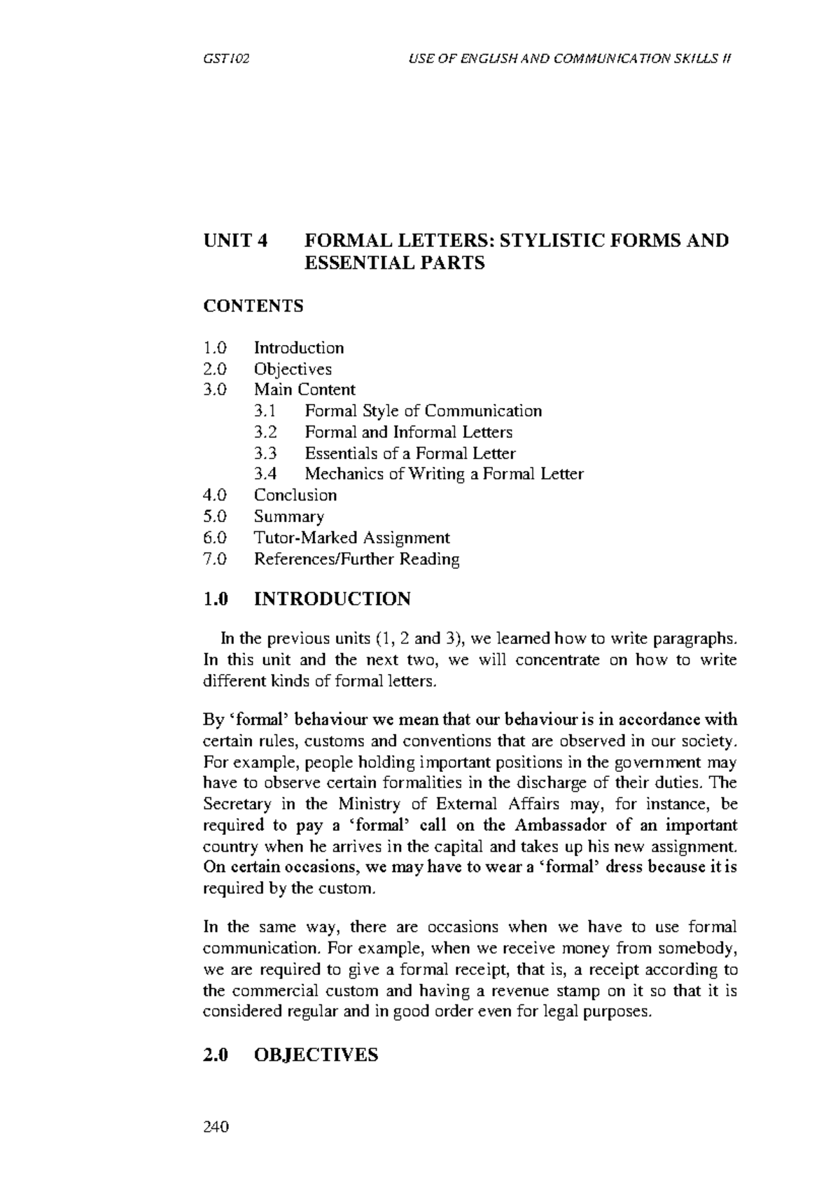 GST102 USE OF ENGLISH AND COMMUNICATION SKILLS II UNIT 4 FORMAL LETTERS ...