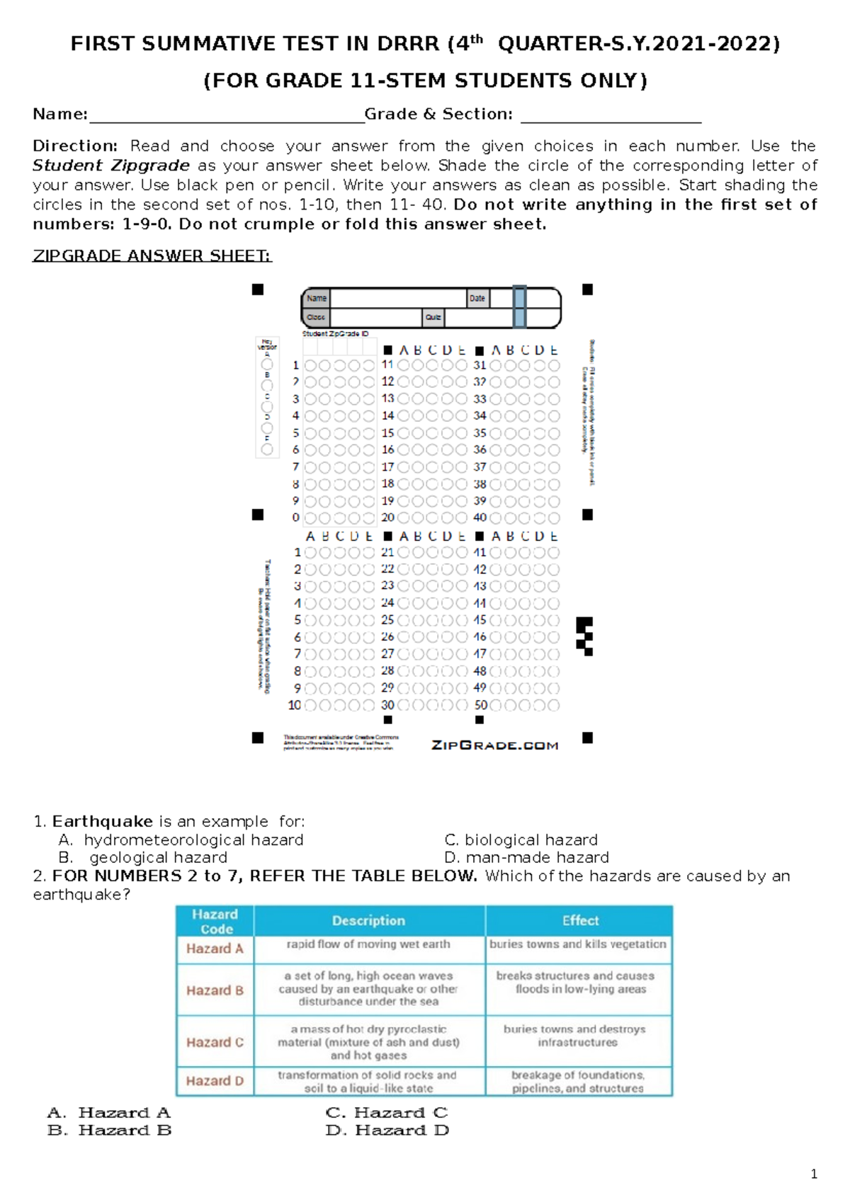 DRRR - Drrr module 4 - FIRST SUMMATIVE TEST IN DRRR (4th QUARTER-S.Y ...