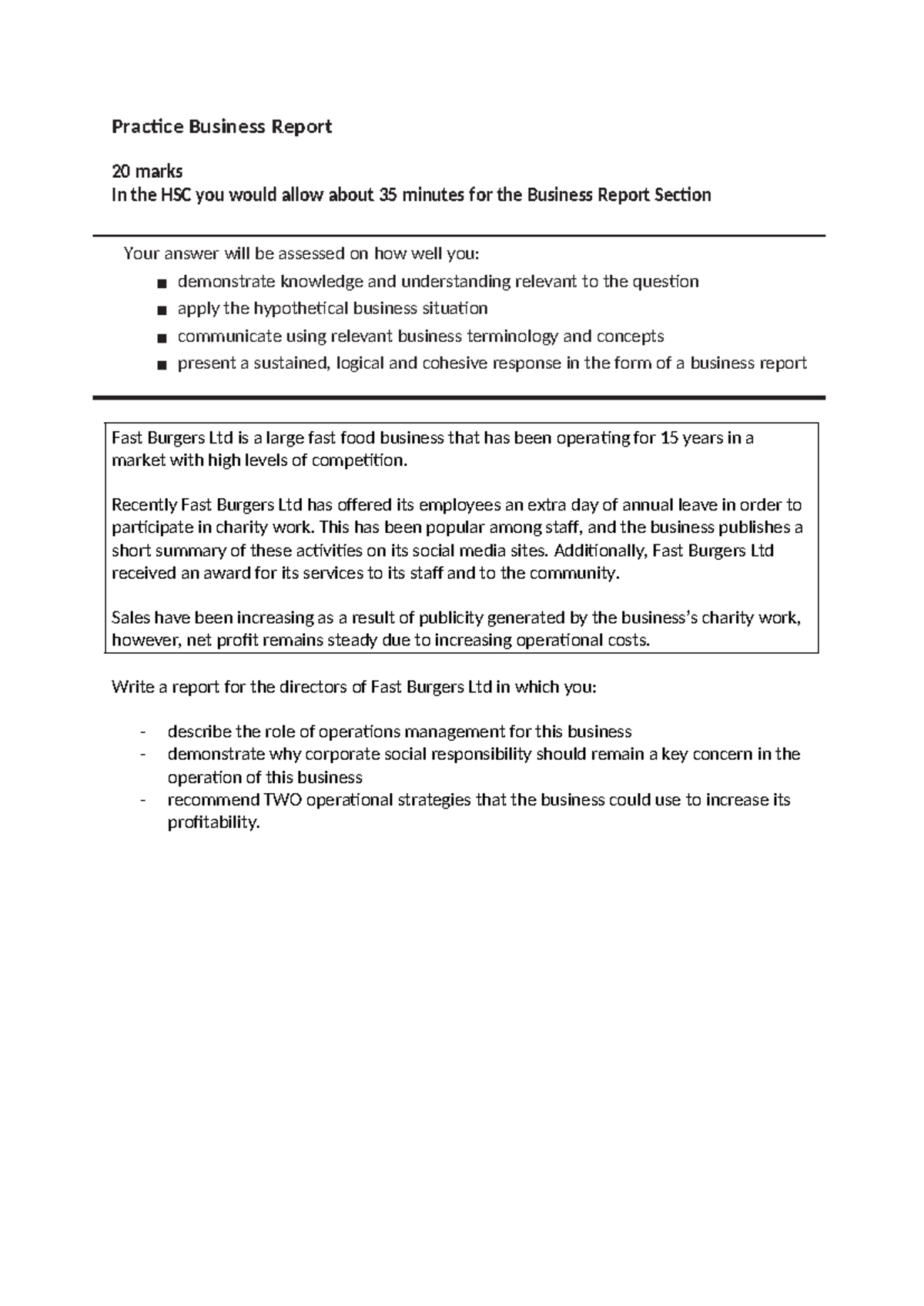 Business Report Practice: Fast Burgers Ltd - HSC 2020 - Studocu