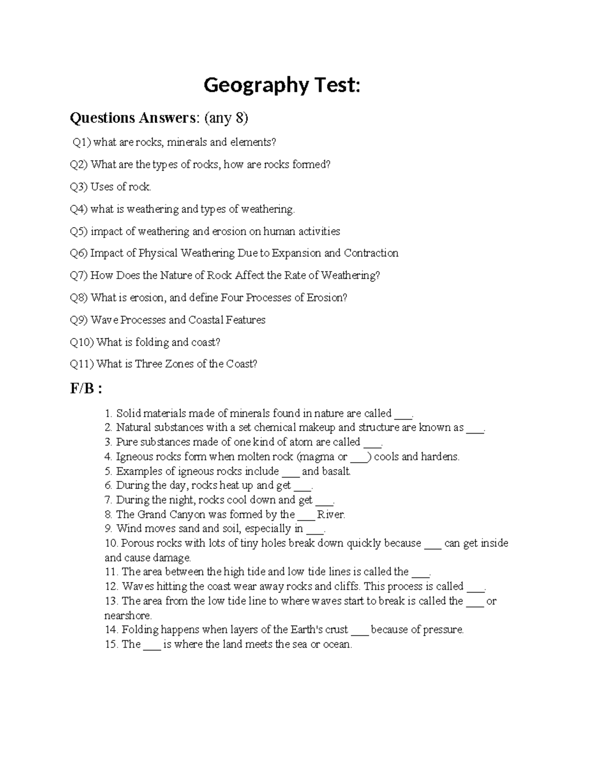Geography Test - jsfhaisf - Geography Test: Questions Answers: (any 8 ...